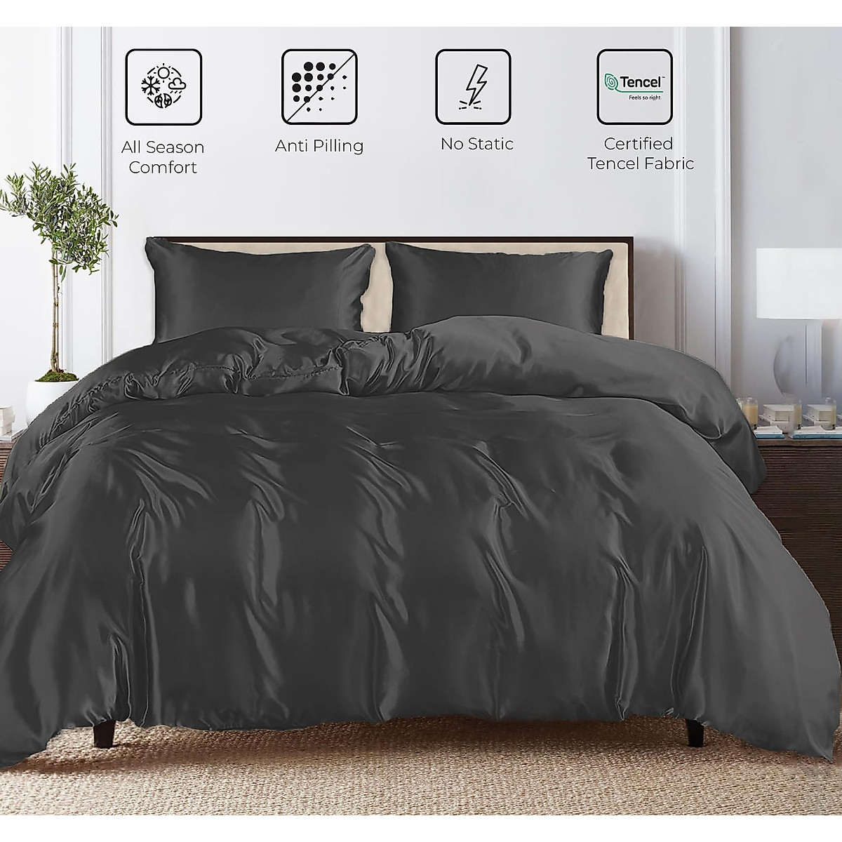Linenwalas Tencel Lyocell Duvet Cover Set with Deep Pocket Fitted Sheet, Viscose Made from Eucalyptus Soft, Lightweight and Breathable Complete Bedding Set (Charcoal Grey, Full)