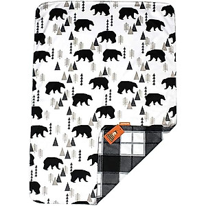 Dear Baby Gear Bears Deluxe Baby Blanket - Reversible, Milestone & Newborn Gifts for Girls and Boys - Black Bears, Geometric Trees - Black and White Plaid - 40" x 30"