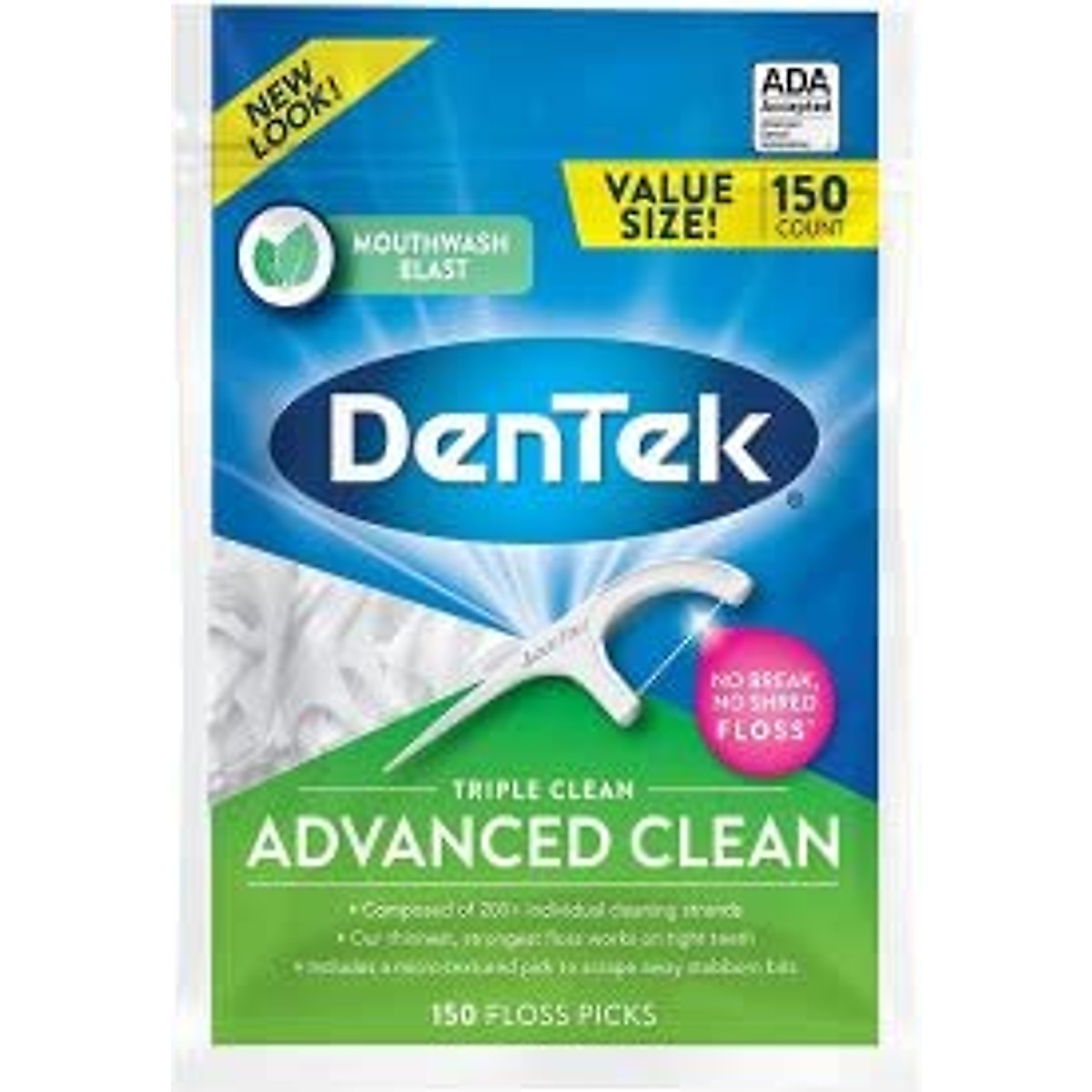 DenTek Triple Clean Advanced Clean Floss Picks, No Break & No Shred Floss, 150 Count (Pack of 2)