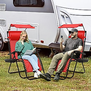Magshion Zero Gravity Chair with Canopy Set of 2, Reclining Outdoor Patio Lounge Chair, Folding Anti Gravity Recliner, Portable Lounger with Removable Cup Holder Side Tray and Pillow Headrest (Red)