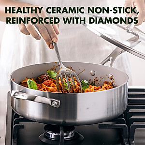 GreenPan Venice Pro Tri-Ply Stainless Steel Healthy Ceramic Nonstick 5QT Saute Pan Jumbo Cooker with Helper Handle and Lid, PFAS-Free, Multi Clad, Induction, Dishwasher Safe, Oven Safe, Silver