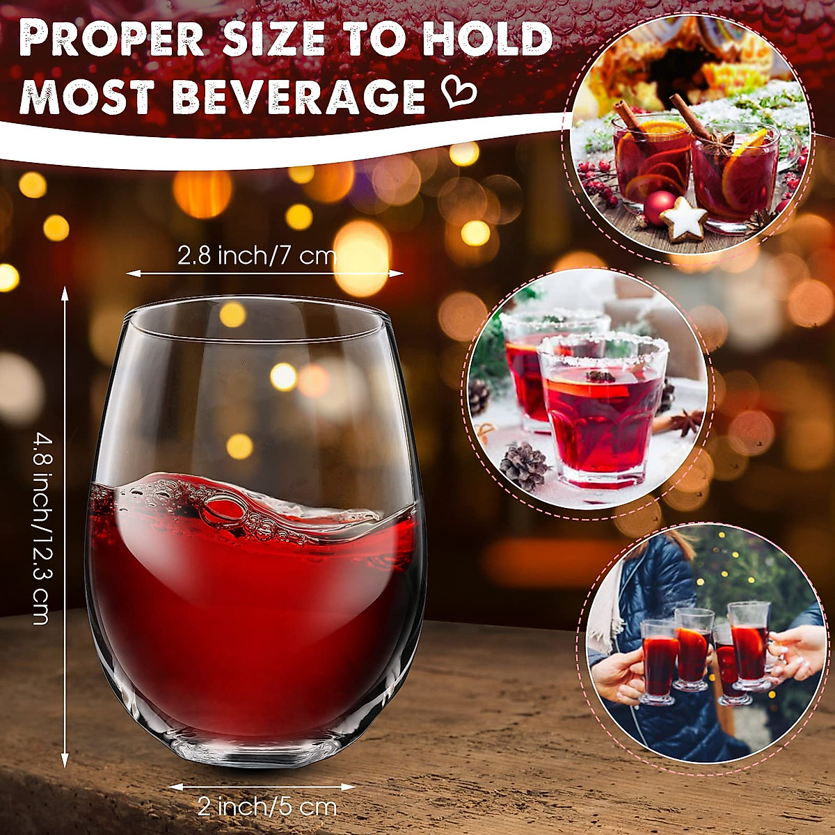 Set of 8 Stemless Wine Glasses 17 Oz, Red or White Wine Clear Glasses, Crystal Drinking Glasses for Wedding Anniversary Birthday Graduation Party Gifts