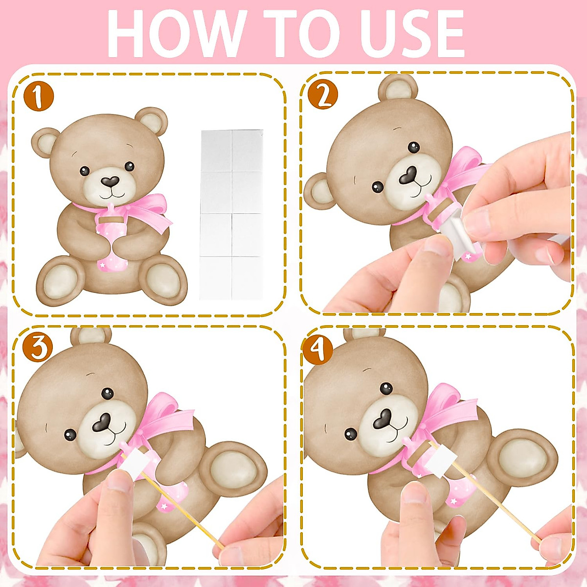 30Pcs Pink Bear Centerpiece Sticks We Can Bearly Wait Baby Shower Decorations Teddy Bear Table Toppers Bear Baby Shower Decorations Bear Centerpieces for Table Girls Baby Shower Supplies