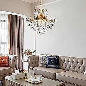 peskoe Gold Chandeliers for Dining Room, 4-Light Modern Crystal Light Fixture, Living Room Bedroom Pendant Ceiling Lamp, Luxury Hanging Light, H 17.7'' x W 18.1''