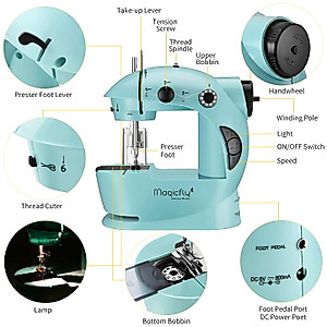 Magicfly Mini Sewing Machine with Extension Table, Dual Speed Portable Sewing Machine for Beginners with Light, Sewing Kit for Household Use, Blue