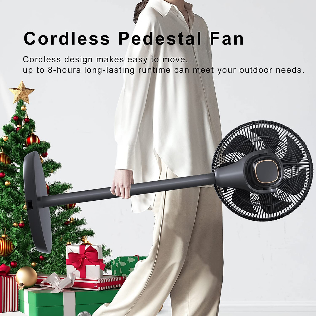 Standing Fan for Patios Home, 360 Degree Oscillating Rechargeable Pedestal Fan with Remote, 37-Inch Tall Cordless Whole House Style Portable Fan, Quiet,15000mAh Battery, 15 Speed Levels&Timer, Gray