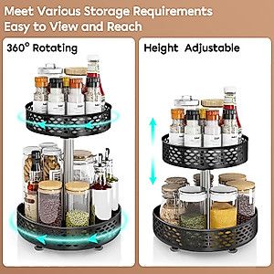 Lazy Susan Organizer 2 Tier Metal Steel, Turntable Height Adjustable, No-Slip Suction Base, Bathroom Kitchen countertop Organizer, Rotating Spice Rack for Cabinet Countertop Pantry, 10" Black
