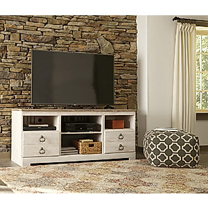Signature Design by Ashley Willowton Farmhouse TV Stand With Fireplace Option Fits TVs up to 62" with 2 Drawers and 2 Storage Cubbies, Whitewash