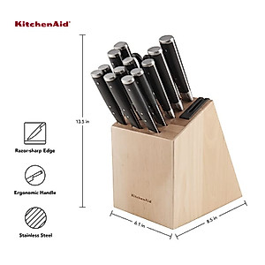 KitchenAid Gourmet Forged Triple Rivet Knife Block Set with Built-in Knife Sharpener, High Carbon Japanese Stainless Steel Kitchen Knives, Sharp Kitchen Knife Set with Block, Birchwood,14-Piece, Black