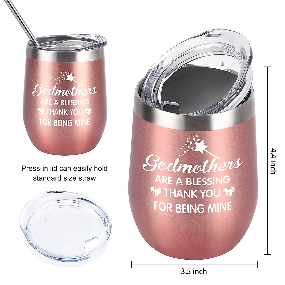 GINGPROUS Godmother Appreciation Gift, Godmothers Are a Blessing Thank You for Being Mine Mother's Day Christmas Birthday Gift for Godmother, 12 Oz Insulated Stainless Steel Wine Tumbler, Rose Gold