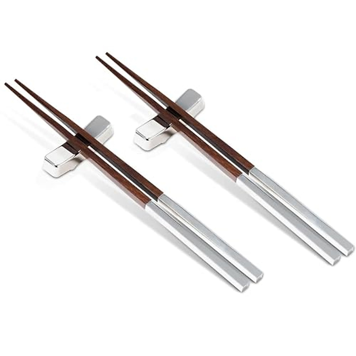 Natico Originals Silver Metal and Wood Chopsticks Set | Set of 2 Pairs w/ 2 Rests | Gift Set, Gift Packaged | Reusable (60-603SET)