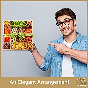 Dried Fruit & Mixed Nuts Gift Basket in Reusable Wooden Tray + Ribbon (12 Assortments) Purim Mishloach Manot Gourmet Food Bouquet Arrangement Platter, Birthday Care Package, Healthy Kosher Snack Box