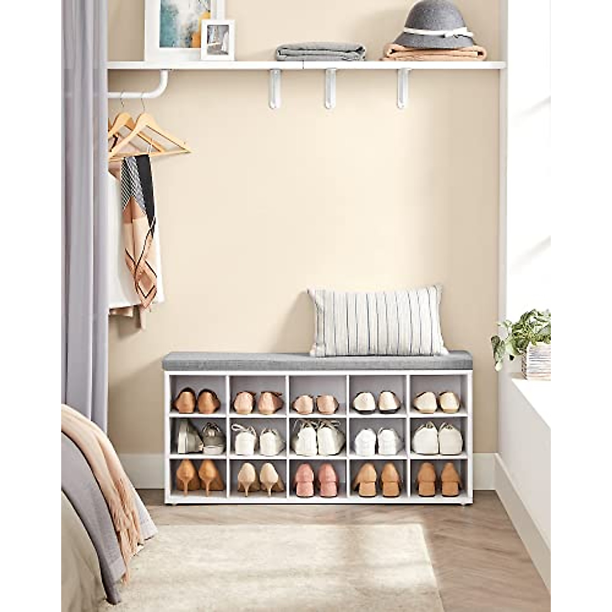 VASAGLE Shoe Bench, Storage Bench, Shoe Rack Bench, Shoe Shelf, Storage Cabinet, 15 Compartments, with Cushion, for Entryway, 11.8 x 41.3 x 18.9 Inches, White and Gray ULHS15WT