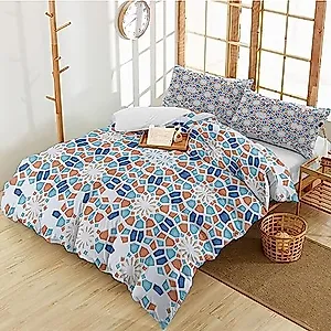 Abstract Geometric 3 Pieces Full Bedding Duvet Covers Set Colored Block Geometry Round Soft Quilt Cover and Pillow Shams,Lightweight Comforter Cover Sets for Bedroom Decor Aesthetic