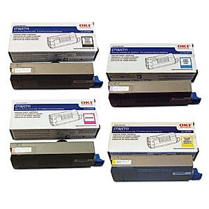 Okidata 44318601 44318602 44318603 44318604 C711 Toner Cartridge Set (Black Cyan Magenta Yellow, 4-Pack) in Retail Packaging