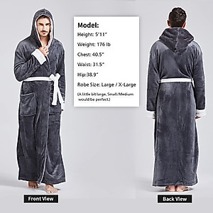 FashGudim Mens Robes Big and Tall with Hood Two-Tone Flannel Fleece Contrast Bathrobe Full Length Plush Long Robe Warm House Coat (Grey & White, XXL)