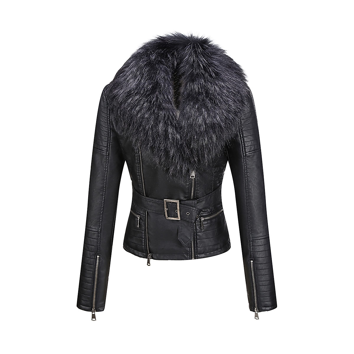 Bellivera Women's Faux Leather Short Jacket Moto Sherpa-Lined Belt Coat with Removable Fur Collar 9203 Black M