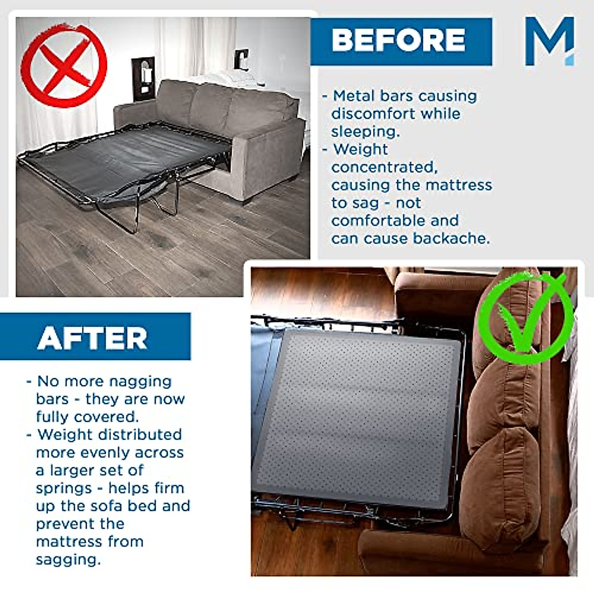 Meliusly® Sleeper Sofa Support Board (48x48'' - Full Size) Sleeper Sofa Support for Sofa Bed - Sleep Sofa Bar Shield for Sofa Bed or Pullout Couch - Sofa Bed Mattress, Cushion and Bar Support Slats