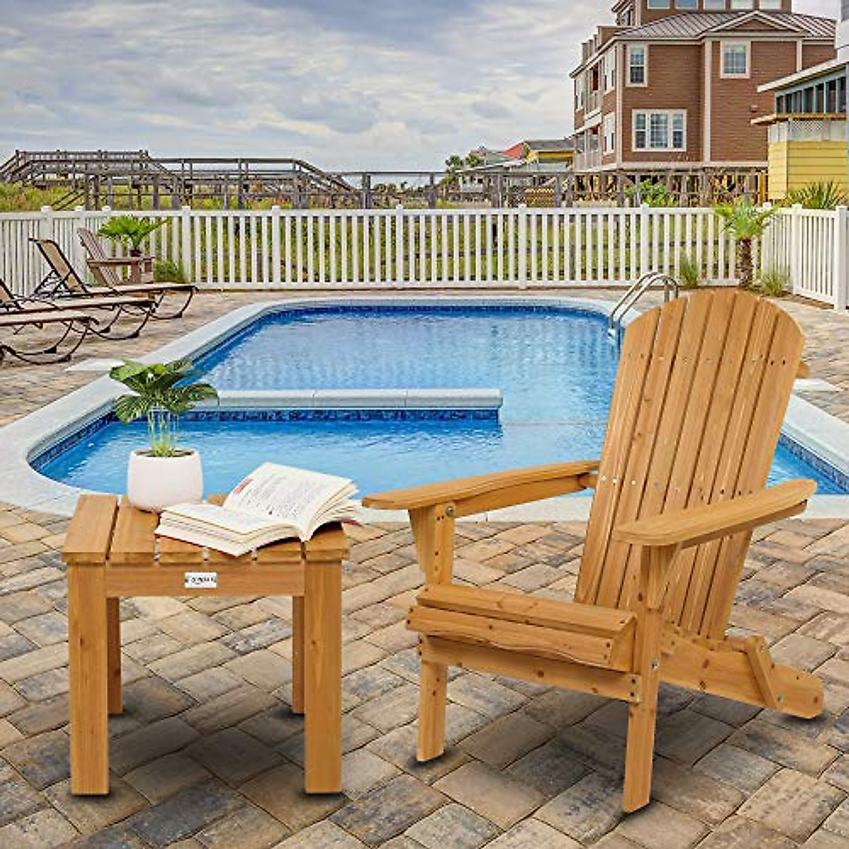 VINGLI Wooden Adirondack Chair 350 LBs Support Ergonomic Design, Folding Outdoor Patio Fire Pit Lounge Armchair Furniture w/Natural Finish, for Beach, Poolside, Balcony