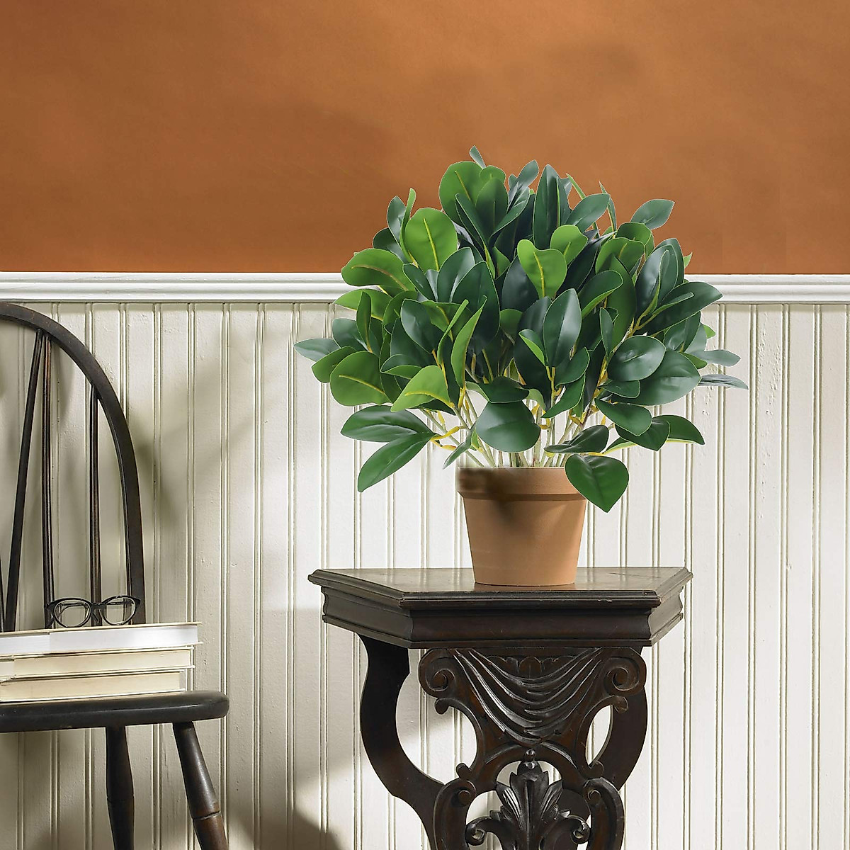 HO2NLE 4Pcs Artificial Shrubs Plants Fake Eucalyptus Leaves Stems Faux Greenery Branches for Garden Window Box Home Wedding Courtyard Outdoor Office Kitchen Decoration