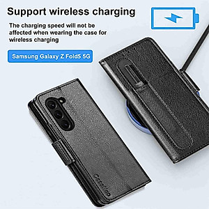 Knoowcase for Samsung Galaxy Z Fold 5 Case Shockproof PU Leather Wallet Card Holder Kickstand Bumper Case with Pen Holder for Samsung Z Fold 5 Phone Case, Black