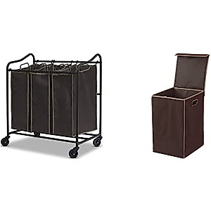 Simple Houseware Heavy Duty 3-Bag Laundry Sorter Rolling Cart + Foldable Laundry Hamper Basket with Lid, Brown