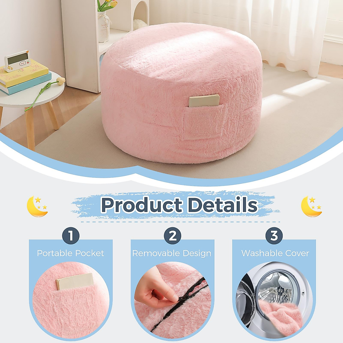 MAXYOYO Bean Bag Chair Bed for Kids, Convertible Bean Bag Folds from Lazy Chair to Floor Mattress Bed, Stuffed Floor Sofa Couch Sofa Bed for Boys and Girls, High-Density Foam Filling, Pink