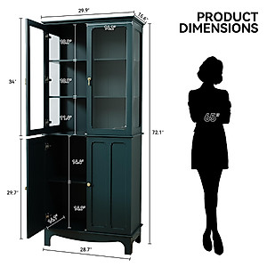 ARTPOWER 72" Freestanding Kitchen Pantry Storage Sideboard, Classical Tall Cabinet with Glass Door and Adjustable Shelves for Kitchen, Livingroom and Dining Room, Dark Teal