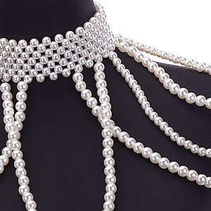 Jerollin Simulated Pearl Body Statement Necklace for Women, Fashion Collar Bib Necklaces Costume Jewelry White
