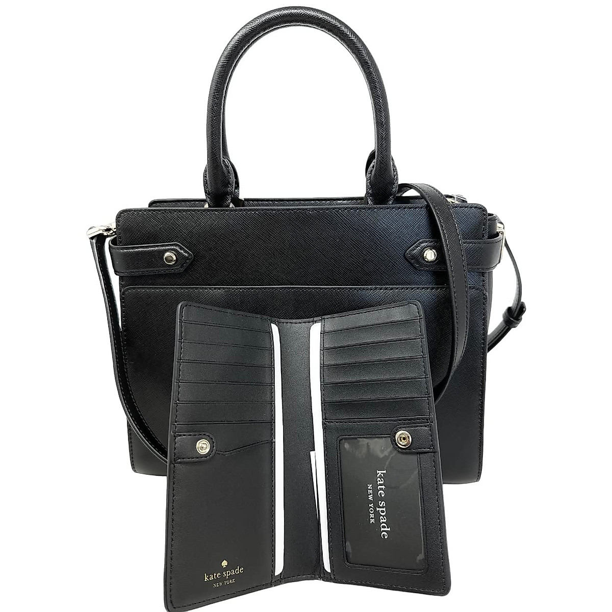 Kate Spade New York Staci Medium Saffiano Leather Satchel Purse With Matching Lg Slim Bifold Wallet (Black)