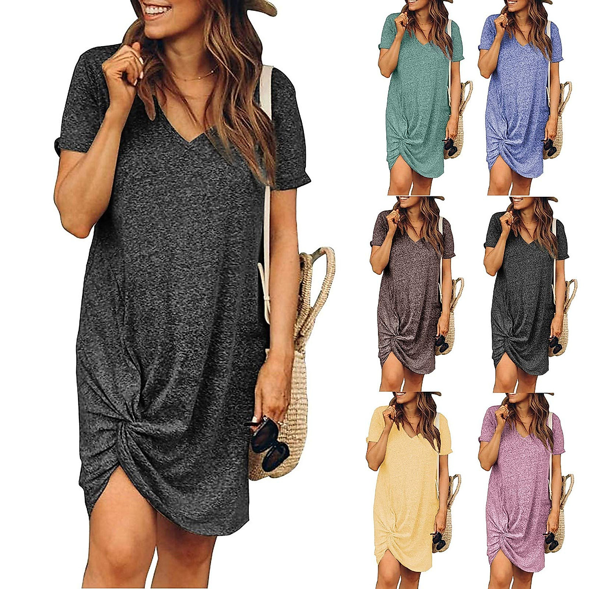 Padaleks Women's Summer Twist Knot T Shirt Dress Print Color Block O-Neck Short Sleeve Mini Dresses Tunics Tops