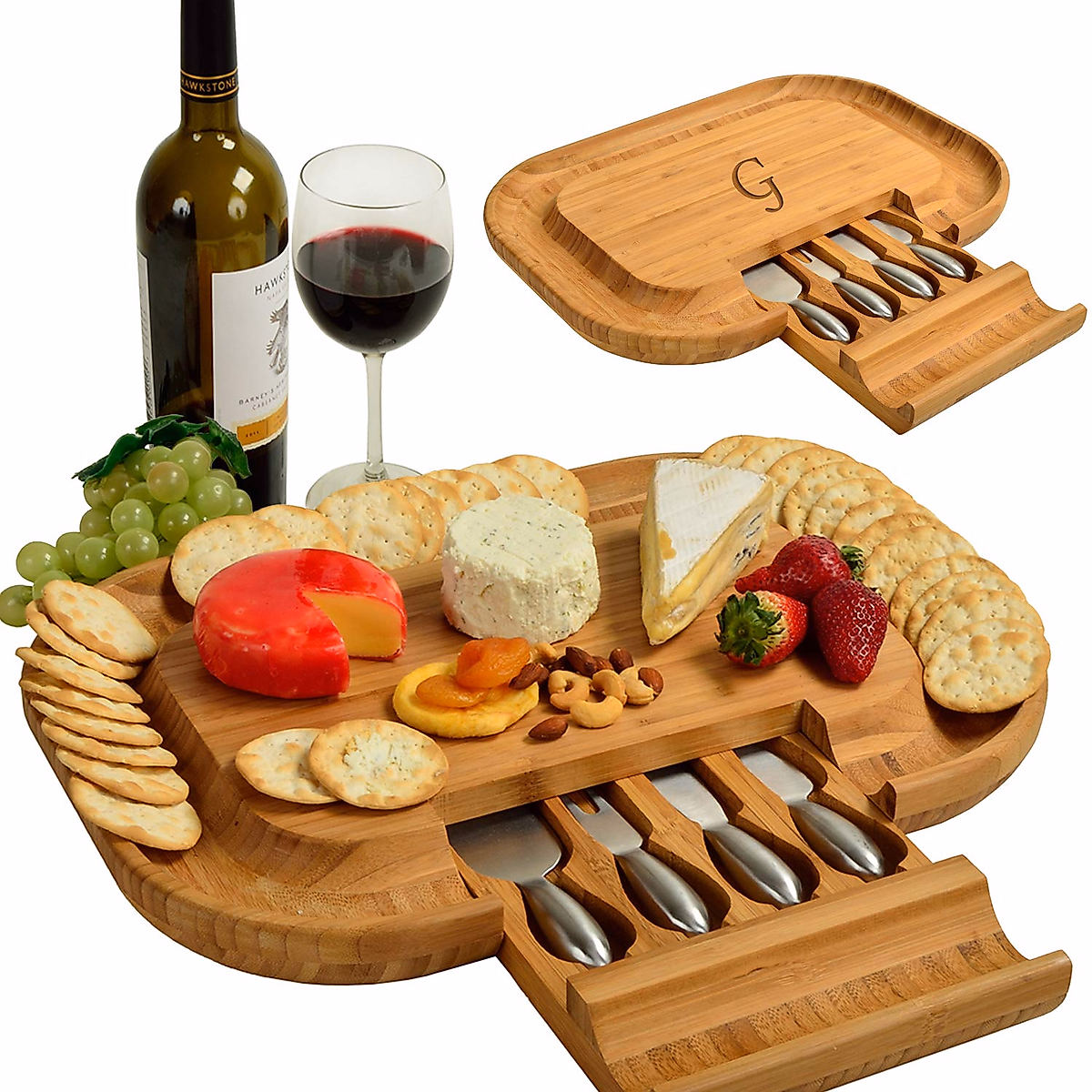 Picnic at Ascot Personalized Monogrammed Engraved Bamboo Cutting Board for Cheese & Charcuterie - includes Knife Set & Cheese Markers- Designed & Quality Checked in USA