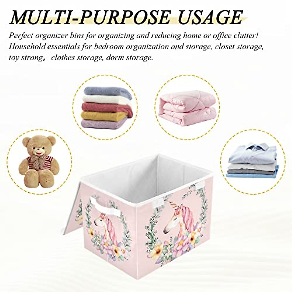 Kigai Valentine Unicorn Flower Lidded Home Storage Bins, Foldable Storage Basket with Double Handle, Flip-Top Storage Box for Toys Clothes Documents