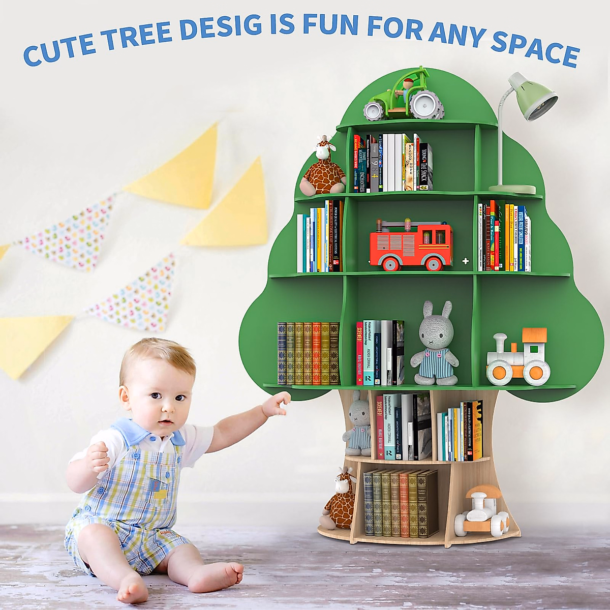 Tree Kids Bookshelf, Toddler Wood Bookcase, 16-Cubby Children Toy Storage Organizer Book Shelf for Kids Rooms, Nursery, Bedroom, Living Room, Classroom, Boy Girl’s Gift (Green Tree)