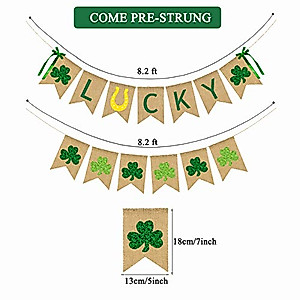 CAVLA Lucky Burlap Banner and Glitter Shamrock Banner St. Patrick's Day Green Shamrock Lucky Banner Garland with Bows Saint Patrick's Day Party Decorations for Irish Lucky Day St. Patty's Day Decor