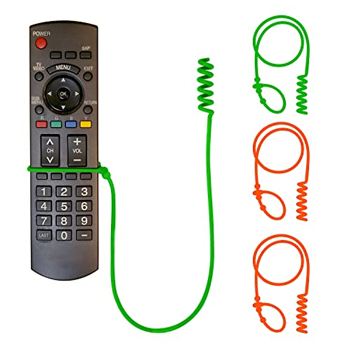Remote Pigtail | Never Misplace Your Remote Again | Remote Tether | Lost Remote Solution | Fits Apple, Samsung, Sony, LG, Dyson and Other remotes | Silicone | 4-Pack (2 Green & 2 Orange)