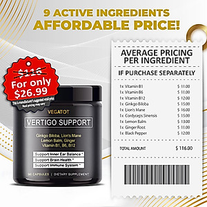 VEGATOT Vertigo Supplement *USA Made and Tested* Inner Ear Supplement with Ginkgo Biloba Lion's Mane Lemon Balm Ginger VIT B1, B6, B12- for Dizziness Spinning Inner Ear Balance
