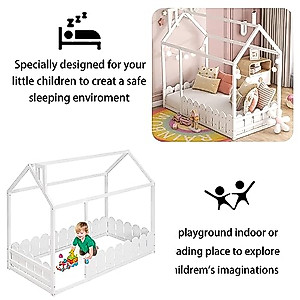 Harper & Bright Designs Twin Floor Bed for Kids, Wood Montessori Floor Bed Twin with Fence-Shaped Rails, Twin Size House Bed for Girls, Boys(Twin,White)