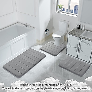 Yimobra Bathroom Rugs Sets 3 Pieces, Soft Comfortable Memory Foam Bath Mat and U-Shaped Toilet Rug Area Rug Set, Non-Slip Water Absorption Quick Drying Bath Rug, Home Decor Accessories, Grey