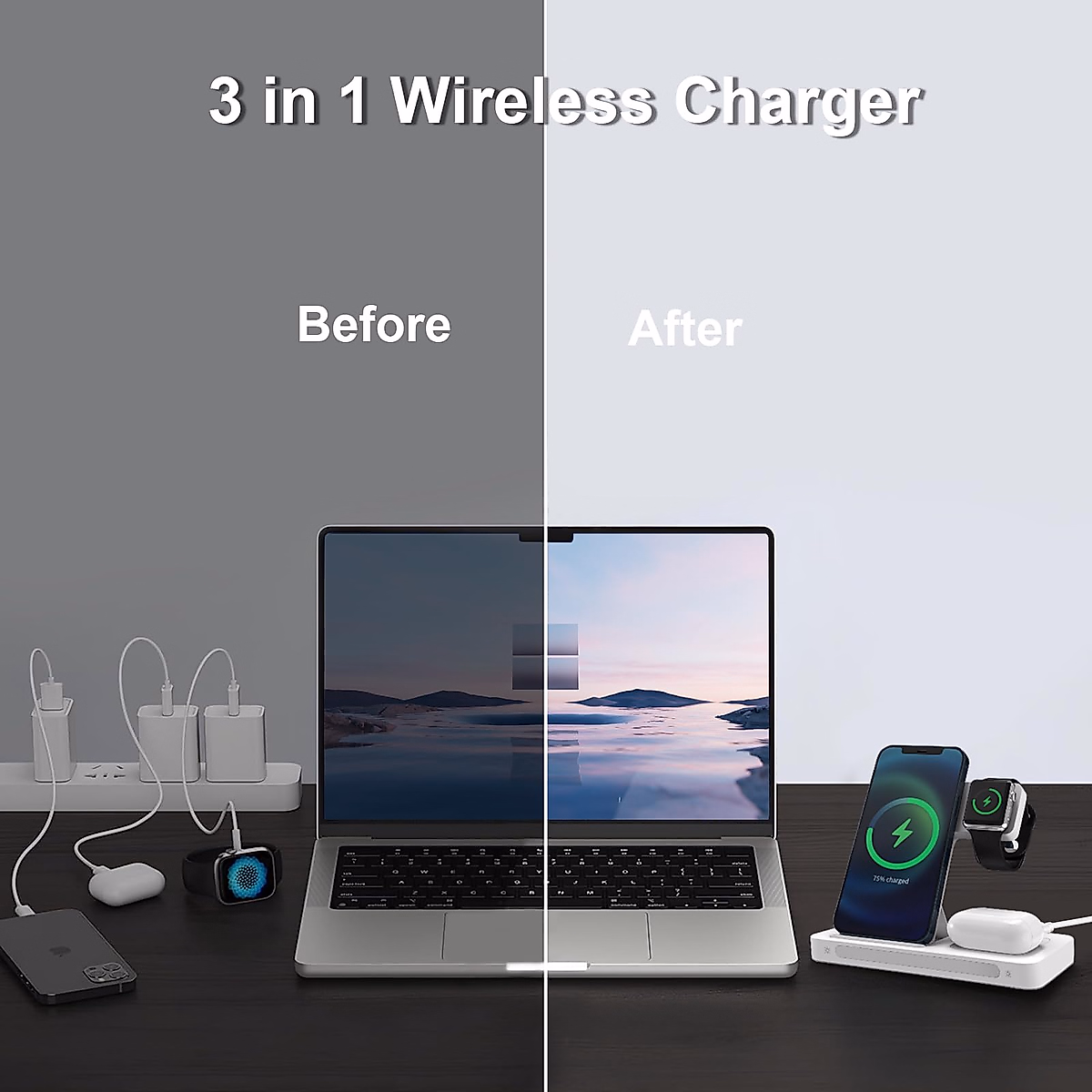 Miady Wireless Charging Station, Foldable 3 in 1 Wireless Charger for iPhone 15/14/13/12, iWatch Series 8/7/6/5/SE/4/3/2 & AirPods Pro/3/2 (Adapter Included)- White