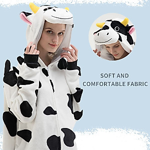 COSUSKET Fit Unisex Adult Cow Onesie Pajamas, Halloween Womens Cosplay Animal One Piece Costume (White/Black, Medium)