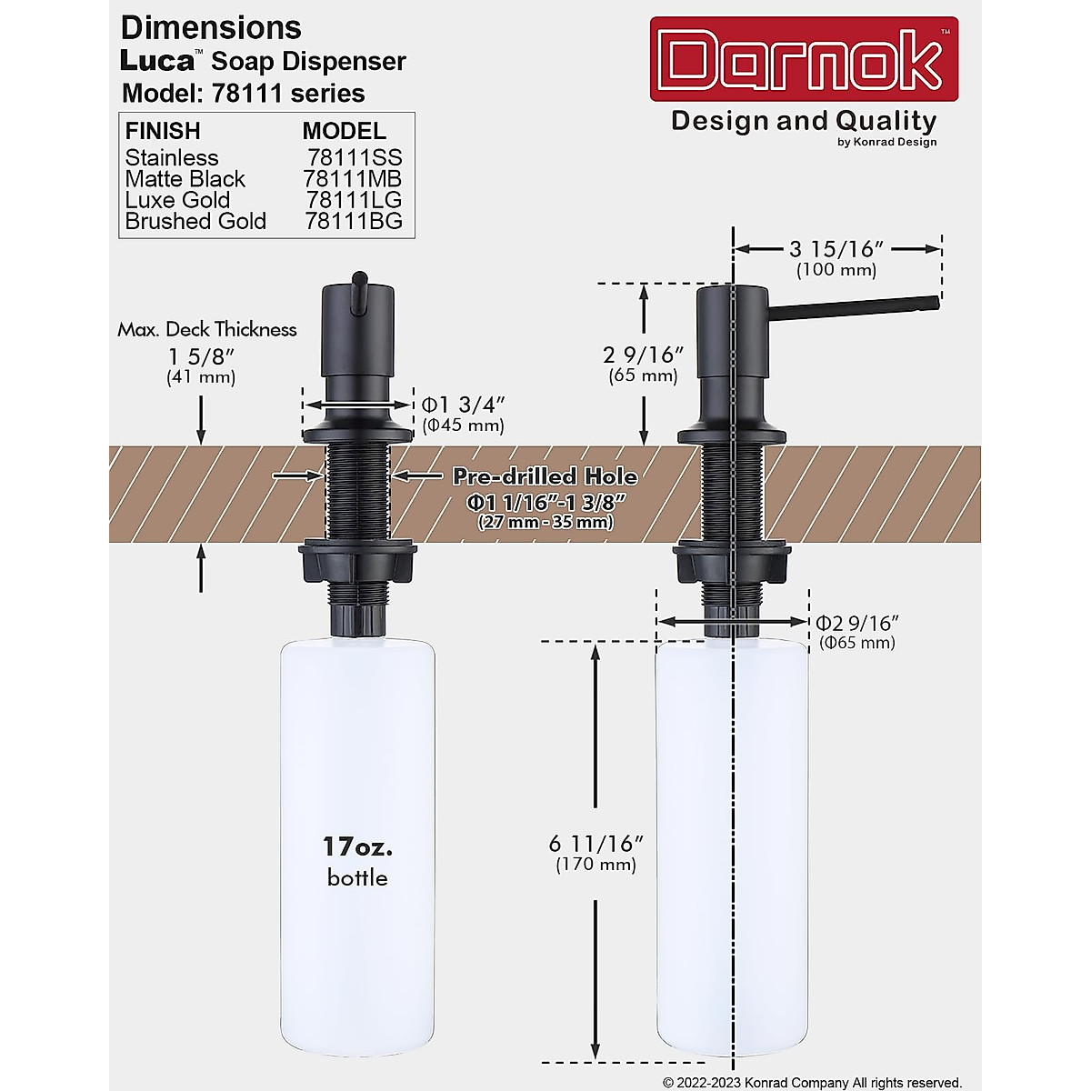 Darnok 78111MB Luca Dish Soap Dispenser for Kitchen Sink, Pump for Dishwashing Liquid Soap or Hand Lotion, Refill from The Top, Countertop Built-in Mount, 17oz Bottle, Matte Black
