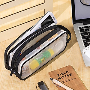 ANGOOBABY Large Grid Mesh Pencil Case 2 Compartment Pen Bag Clear Handheld Multifunction Pencil Pouch Transparent Makeup Bag for Teen Student College Business Travel Office Adult - Black