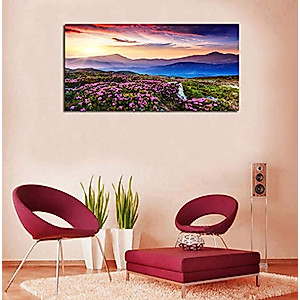 Ardemy Purple Mountain Canvas Wall Art Landscape Picture Prints Modern Painting, Wildflowers Scenery Artwork Ready to Hang for Living Room Bedroom Bathroom Home Office Decor, One Panel Framed 40"x20"