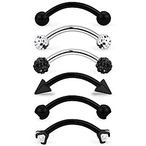 Dyknasz 6 Pcs 16G Stainless Steel Eyebrow Piercing Rings Clear CZ Curved Barbell Helix Daith Piercing Body Jewelry for Women Men Black
