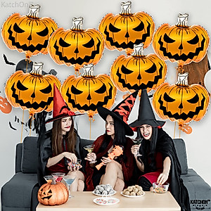 KatchOn, Scary Halloween Pumpkin Balloons - 25 Inch, Pack of 10 | Happy Fall Banner for Fall Decorations - Large, 120x20 Inch | Pumpkin Foil Balloons for Halloween Decorations | Fall Festival Banner