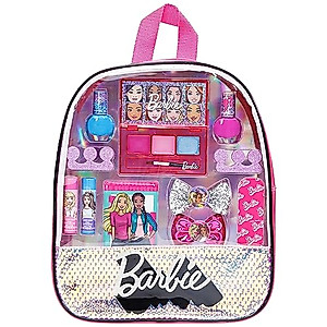 Barbie - Townley Girl 15 Pcs Makeup Filled Backpack Cosmetic Gift Set with Mirror Includes Lip Gloss, Nail Polish, Hair Bow & More! for Kids Girls, Ages 3+ Perfect for Parties, Sleepovers & Makeovers