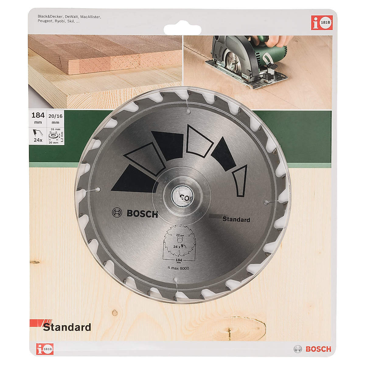 Bosch 2609256B57 Standard Circular Saw Blade with 24 Teeth/Carbide/184 mm Diameter Bore with 20/16 mm Reduction Ring/2.2 mm Cutting Width