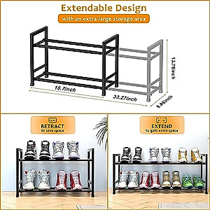 Bumusty Expandable 2 Tier Shoe Organizer Rack, Shoe Rack for Closet, Closet Shoe Rack Storage, Small Shoe Rack for Entryway Small Space Floor Door, Black