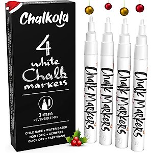 White Chalk Markers Fine Tip (4 Pack 3mm) - Wet & Dry Erase Chalk Pens for Blackboard, Chalkboards, Windows, Signs, Glass, Bistro - 3mm Reversible Bullet & Chisel Point